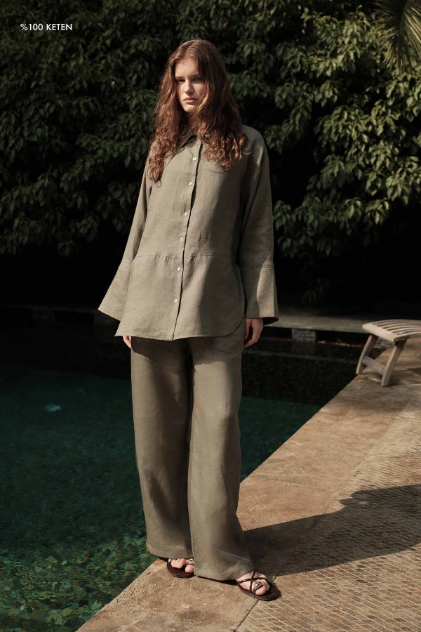 %100 Keten Düz Adaçayı Pantolon - Hooopstore