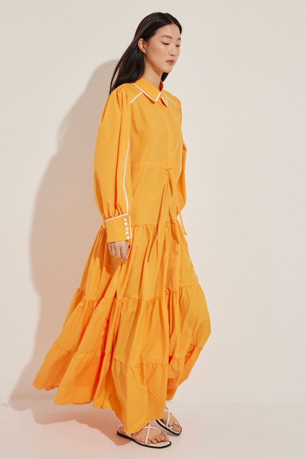 Biye Detaylı Oranj Poplin Elbise - Hooopstore