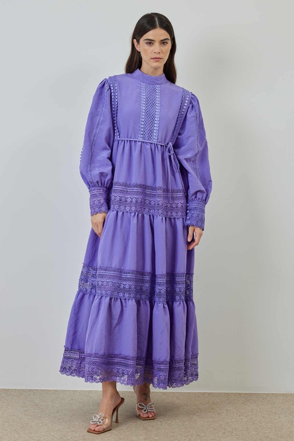 Dantel Detaylı Lila Elbise - Hooopstore