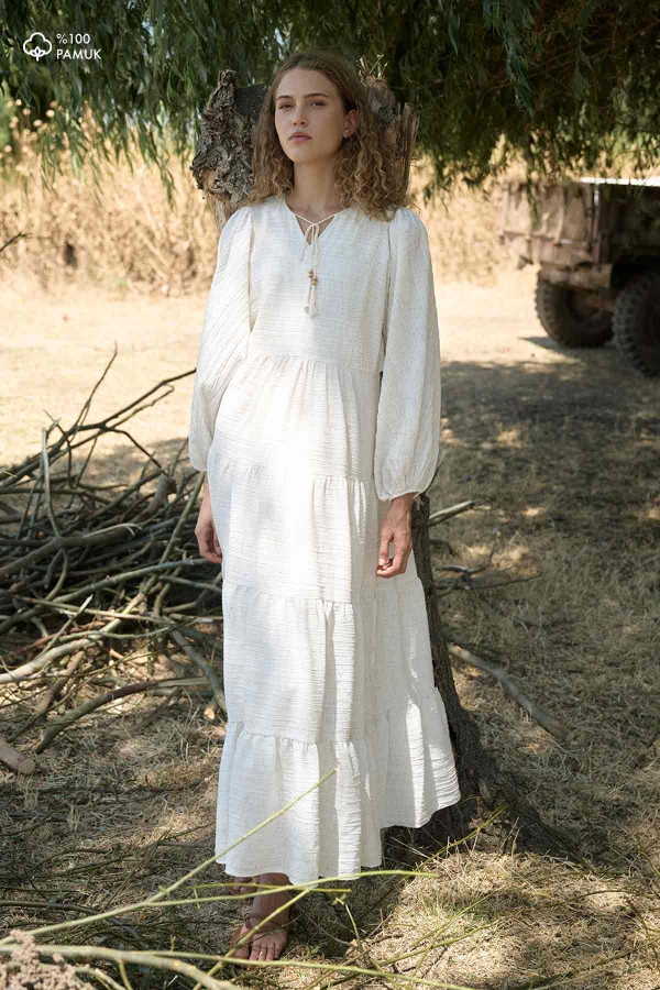 Keten Dokulu Basic Naturel Elbise - Hooopstore