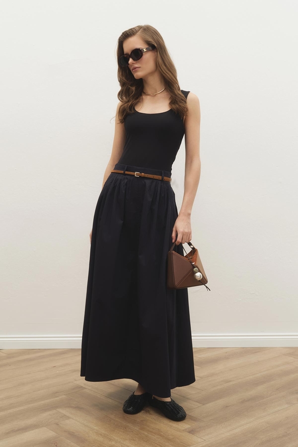 Lidia Pile Detaylı Lacivert Etek - Hooopstore